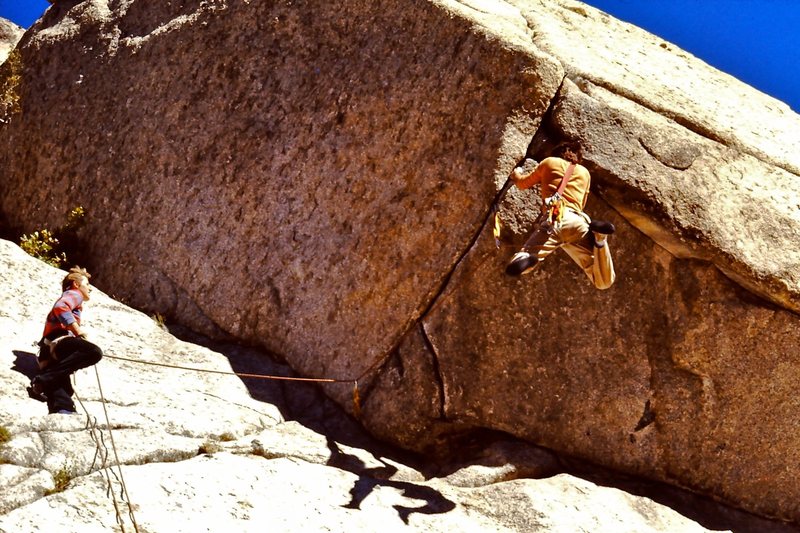 An early attempt on the Coffin Roof. Jonathan Smoot belaying.