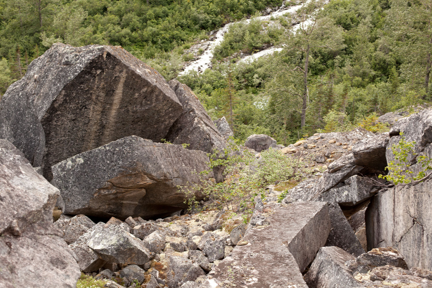 close up detail of 2 boulders. Upper boulder is about 30 - 35 feet tall ...