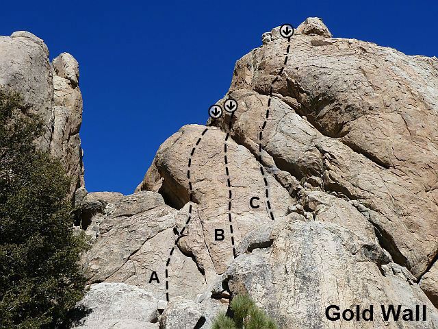 Gold Wall photo/topo, Holcomb Valley Pinnacles A. Gold Bug (5.8) B ...