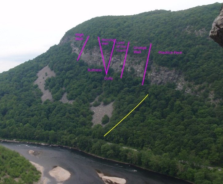 The trail from the cold air cave is shown in yellow.