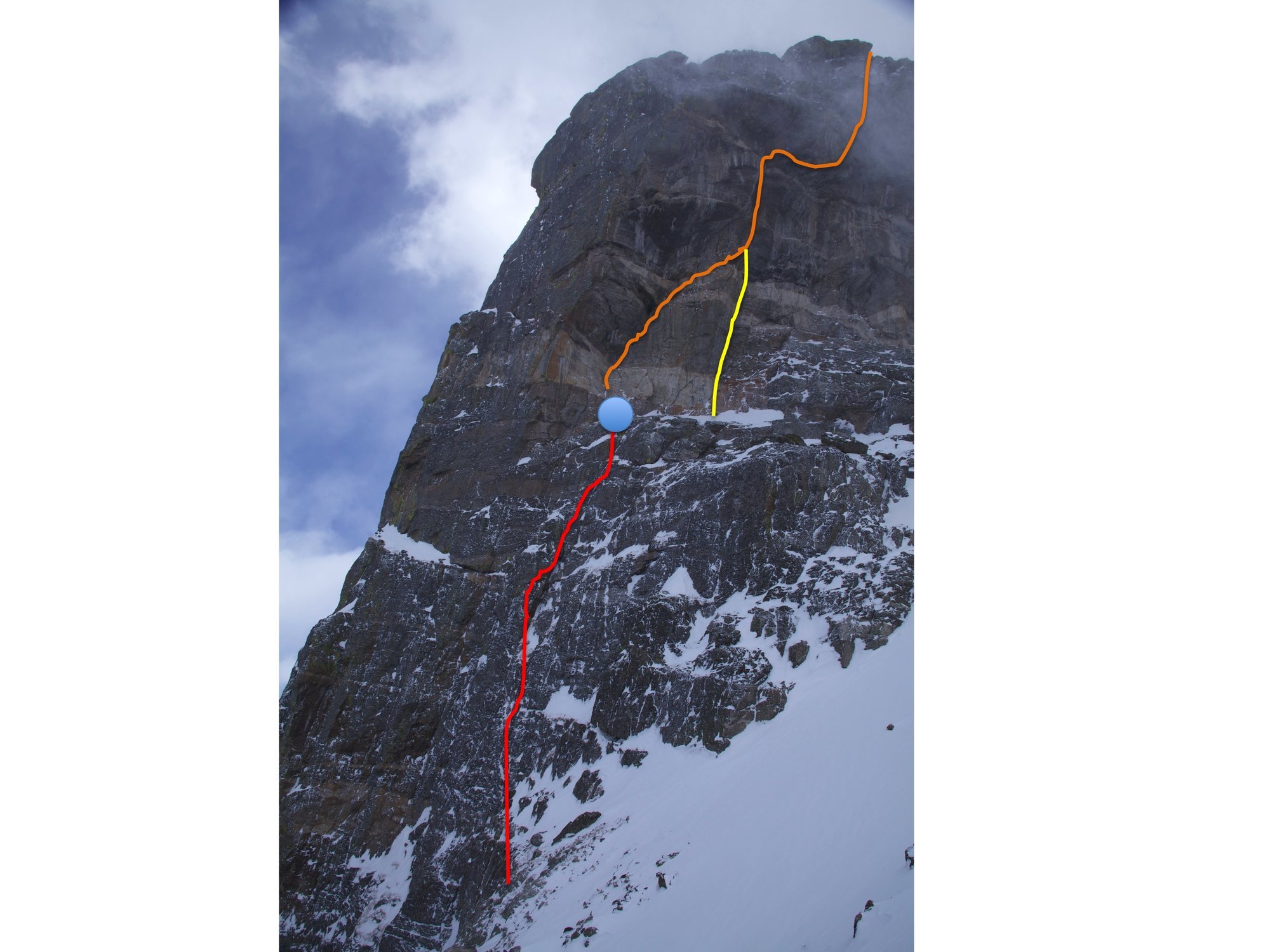 Here's the route. Red is the first pitch. Orange is pitches 2 and 3 ...