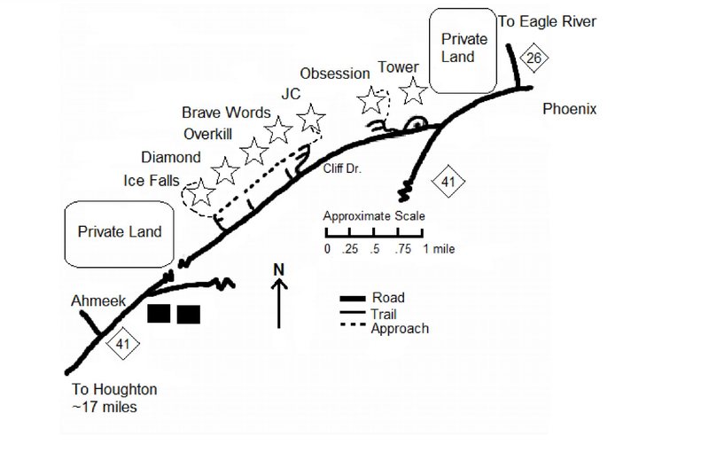 Map of climbing areas along Cliff Dr.
