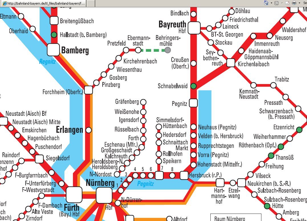 A layout of the train services throughout the Frankenjura. It's hard to ...