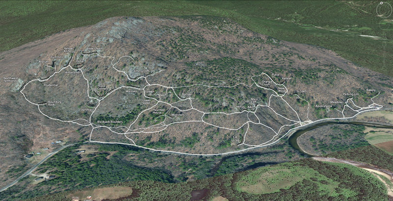 A Google Earth view of Rumney with trails mapped using GPS. The thicker ...