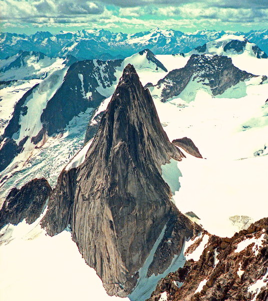 Snowpatch -looking south from Bugaboo Spire. West face on right side.