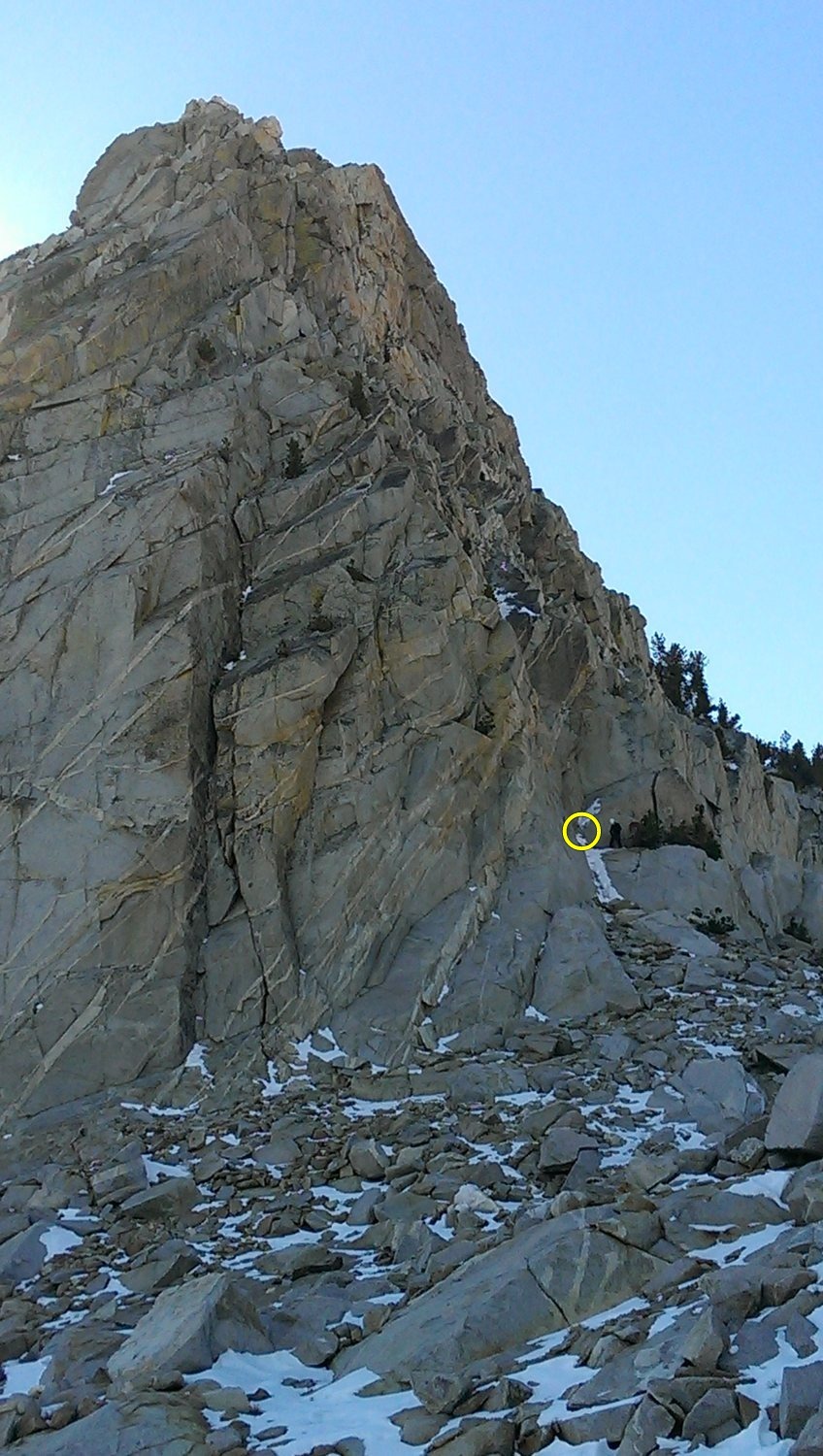 Party at the base of the north arete as seen from the approach