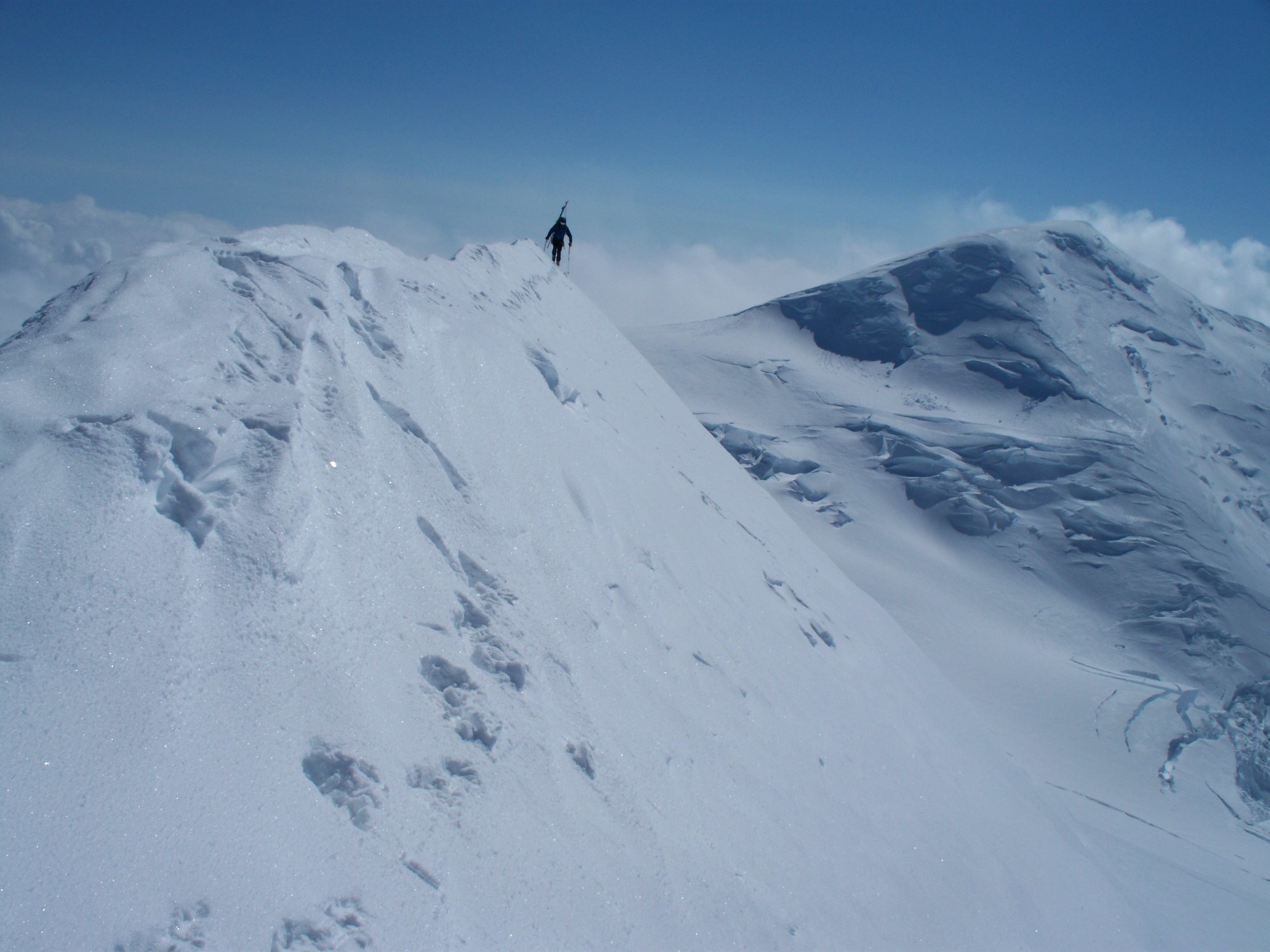 The knife ridge of Mount Churchill with Mount Bona in the background.