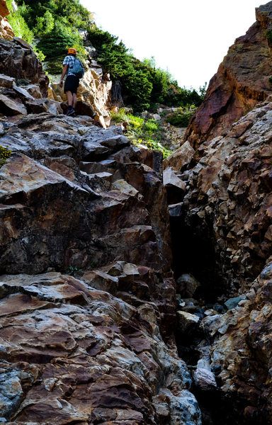 One of the many small rock steps in the gully leading up to the main face.