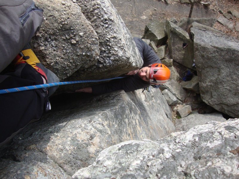 In the offwidth at the start of the route.