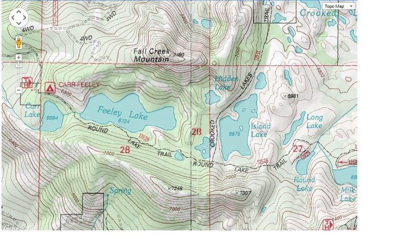 Here is a small topographic map of the area with some trails marked.