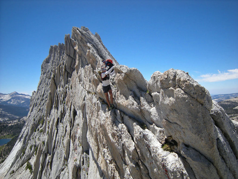 north-bound climber entering (optional) overhanging hand-traverse section