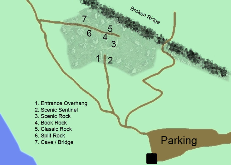 Overview of south area with approximate locations of boulders indicated.