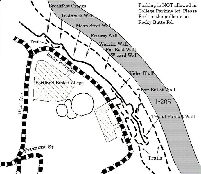 Trail and cliff map for Rocky Butte