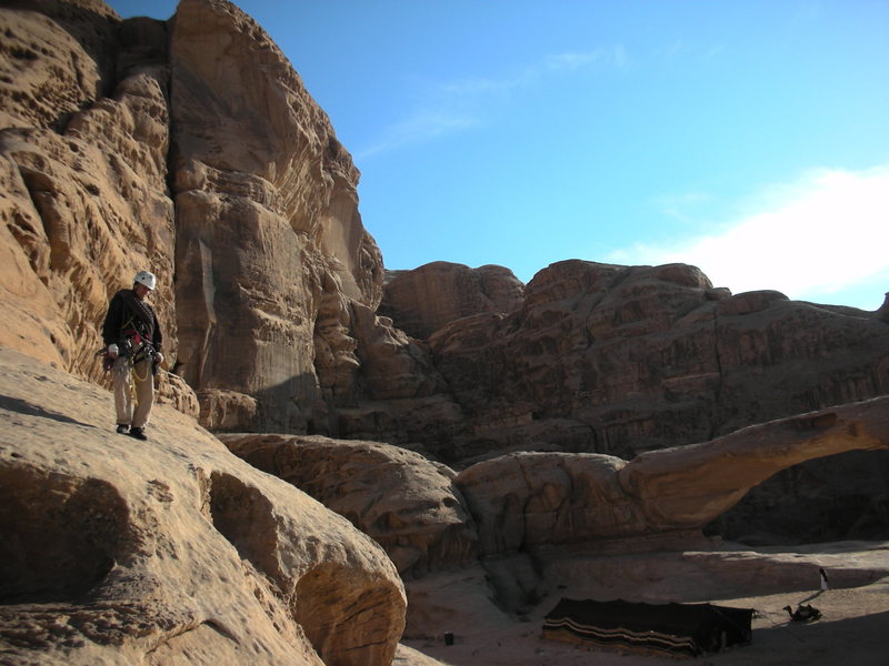 Descending the last steps down the rock spur with the obvious line of ...