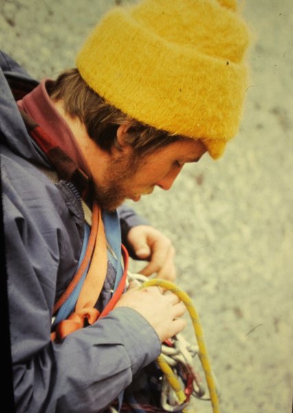 Henry Barber racking up on the day of the first ascent