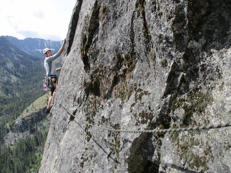 The third pitch traverse. Photo by Steph Abegg.
