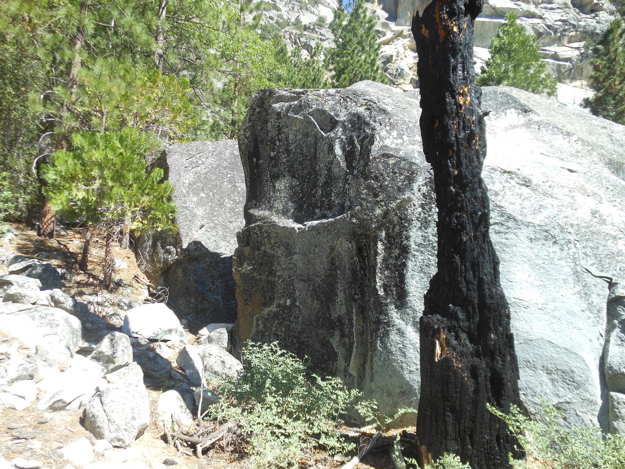 Approaching giant split boulders. Routes are inside the split.