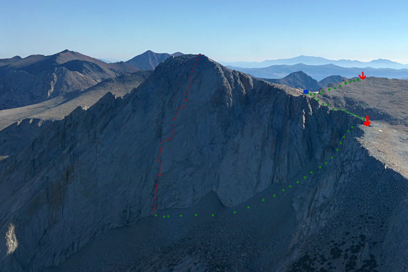 Conness SW face, approximate route in red. In green you can see the ...