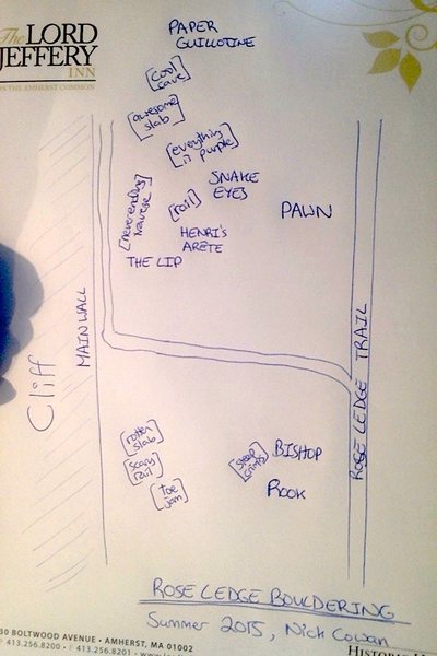 Rose Ledge bouldering. This map is not to scale, and even the relative ...