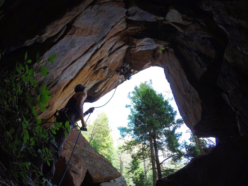 Looking out of the cave. It's steep!
