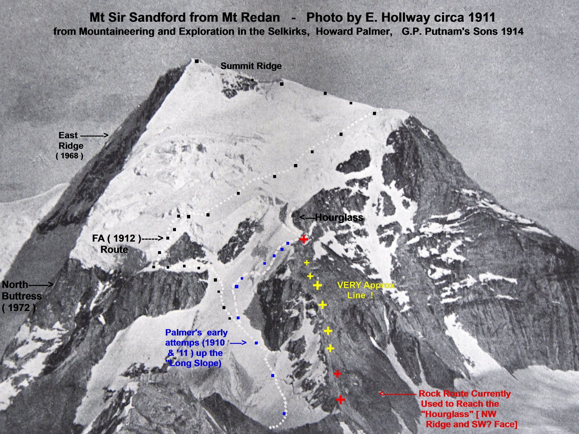 Mt Sir Sandford, circa 1911, with Modern Routes Added. (Copyright expired)
