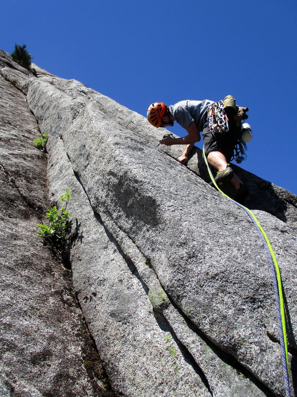 Joe climbing the layback crack at the start of Pitch 4 of The Big Tree.