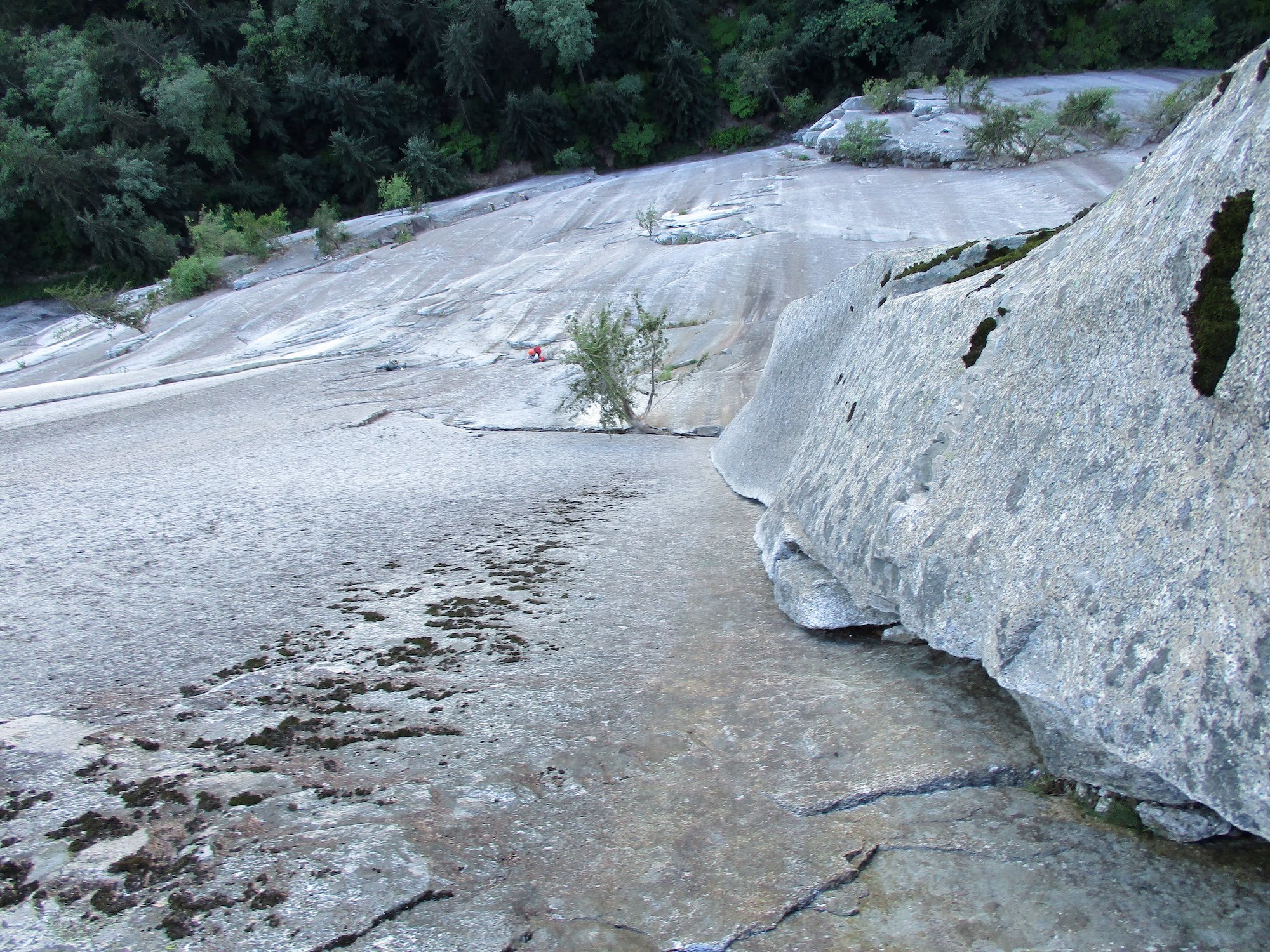 Looking down the Split Pillar from the belay at the top of the pitch.