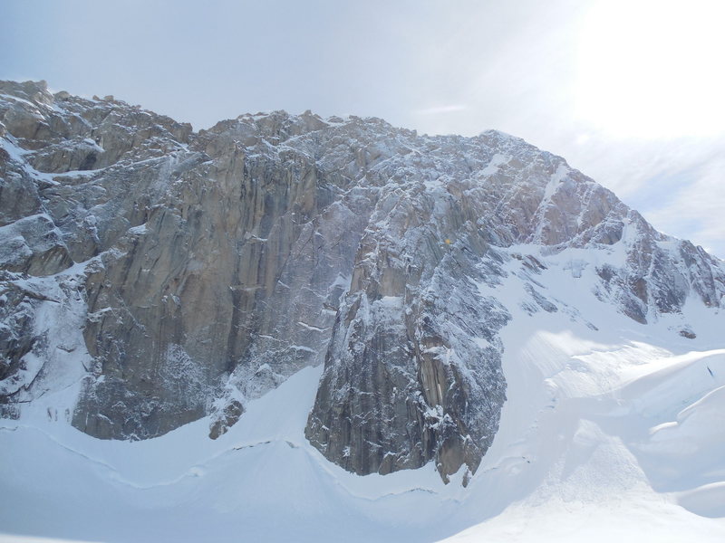 View of the peak from camp. Yellow arrow points to the start of the ...