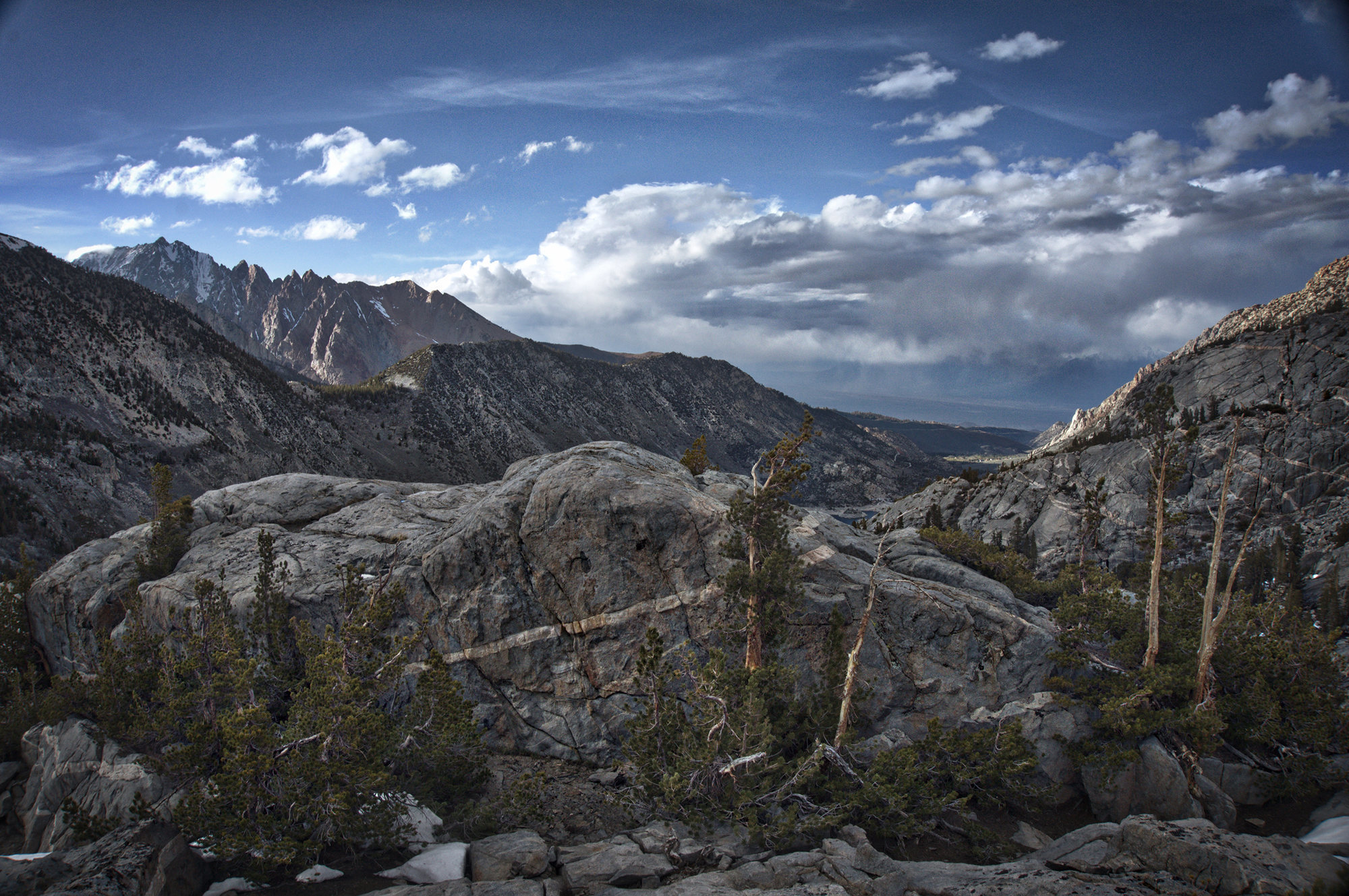 Cardinal Pinnacle and Aspendell, middle distance in the sun.
