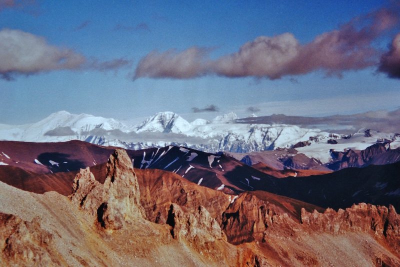 Mt Bona and Mt Churchill in the St. Elias range from Bonanza ridge.