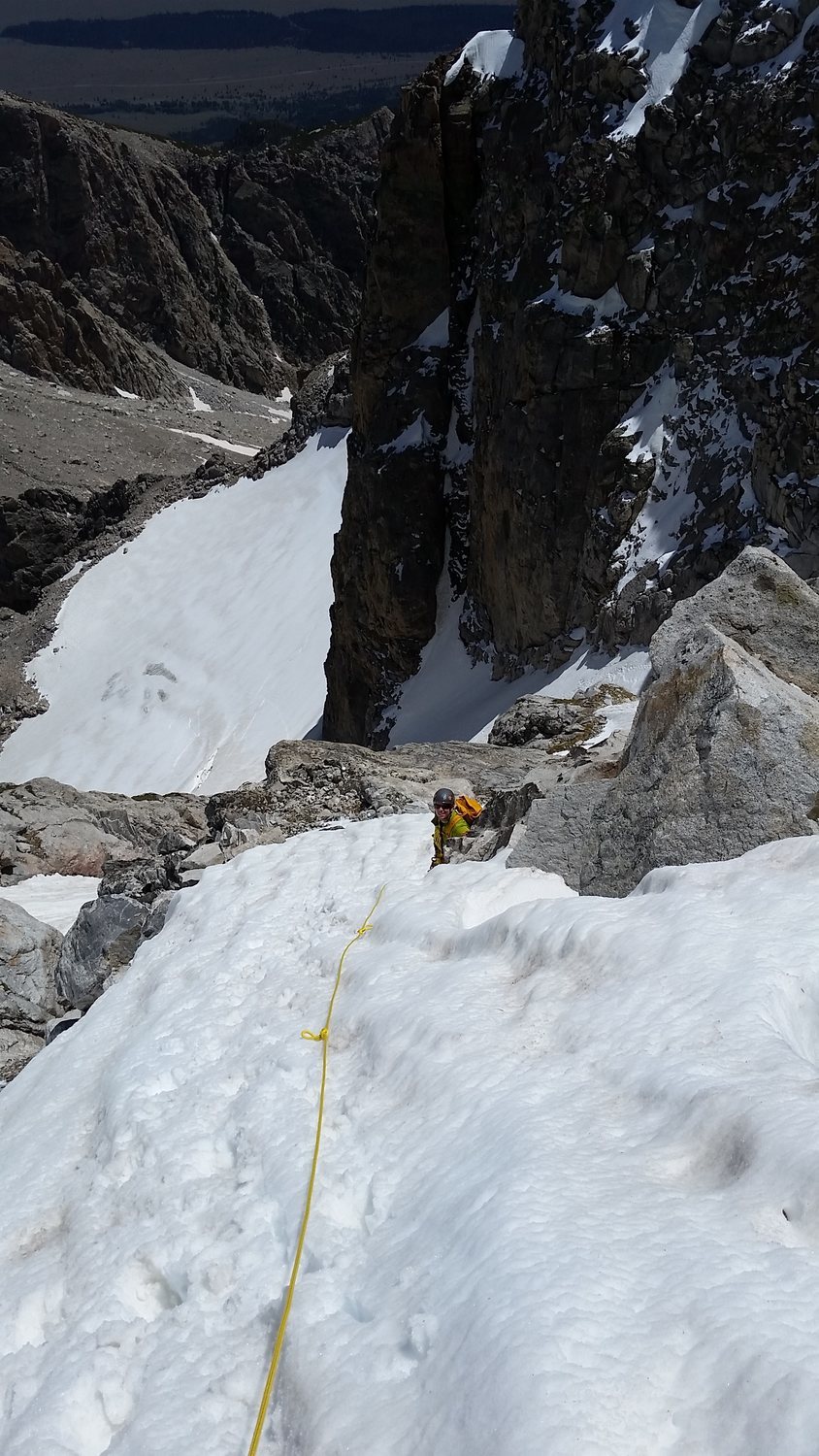 Steep snow on the upper section of the Middle Teton Glacier route above ...