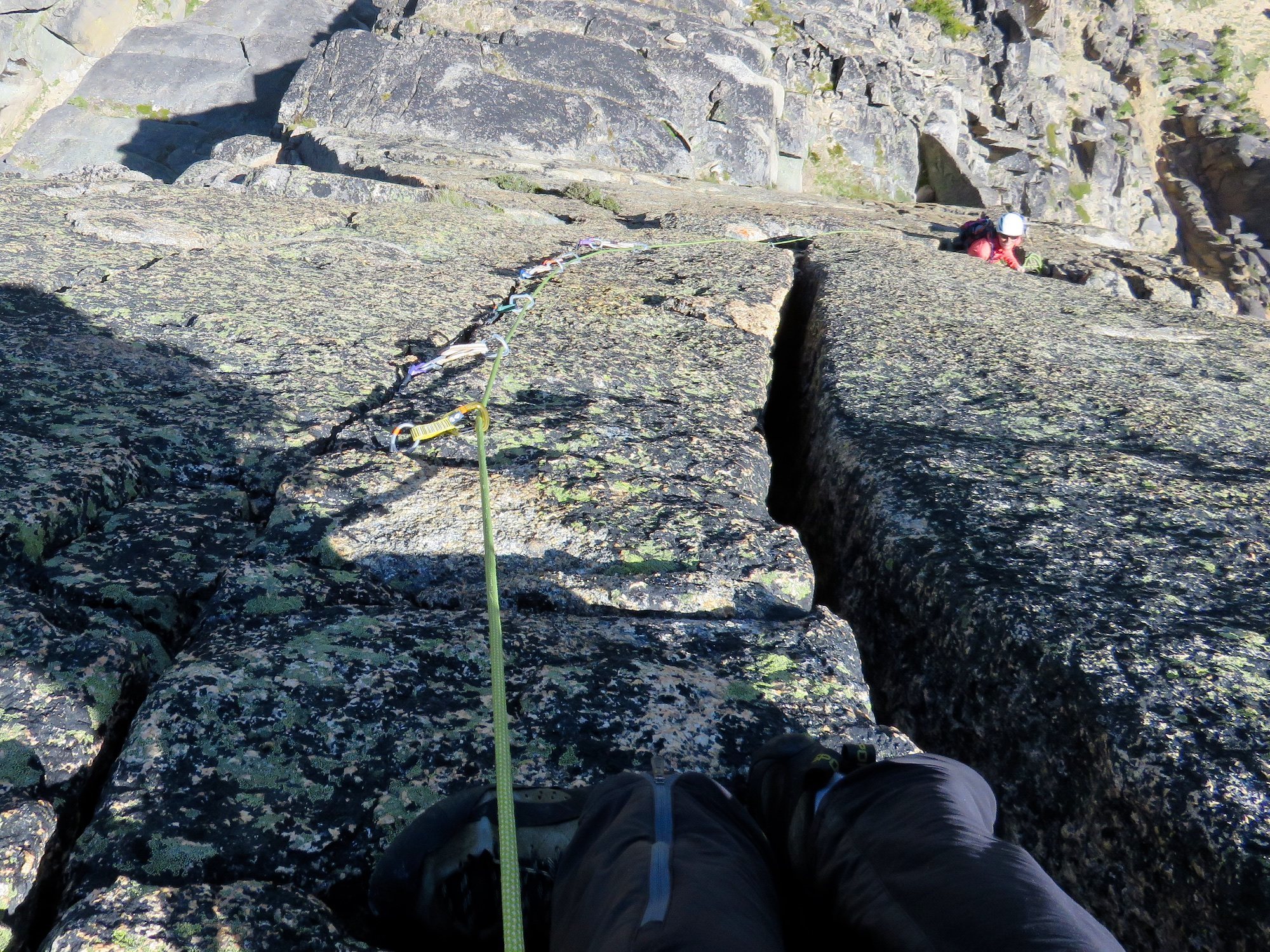 Looking down Pitch 9. Climb the offwidth or fingercrack.