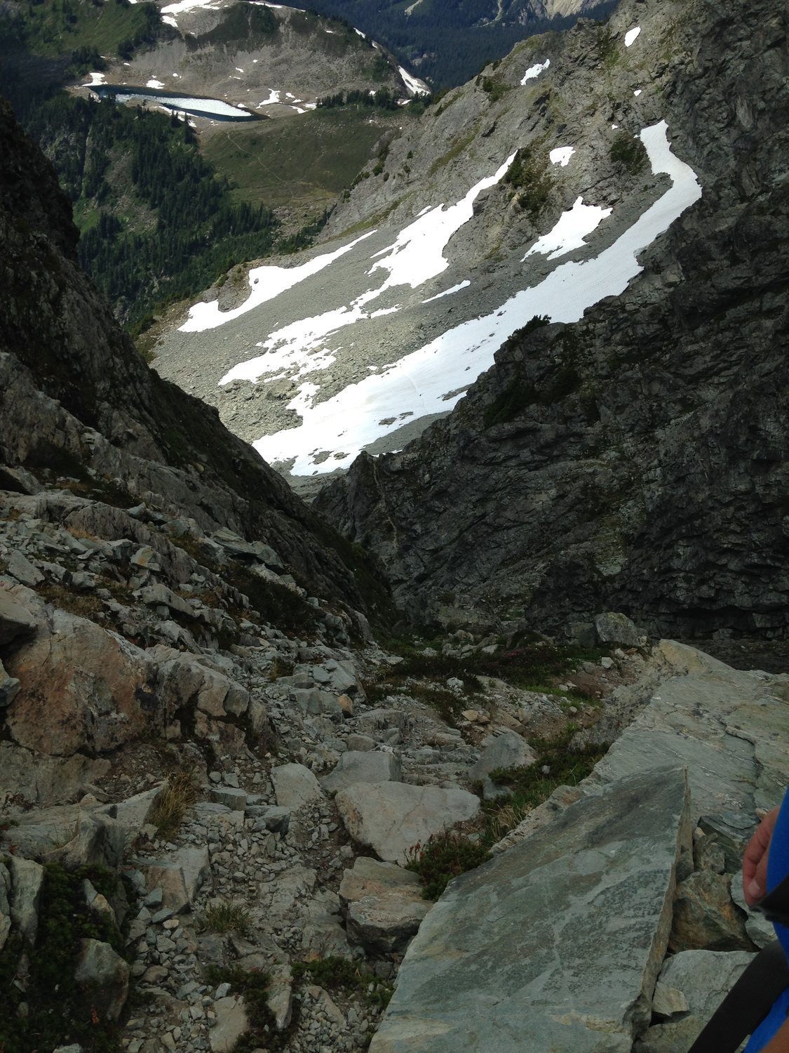 Looking down from the top of the Chimney. You can see the scree/snow ...
