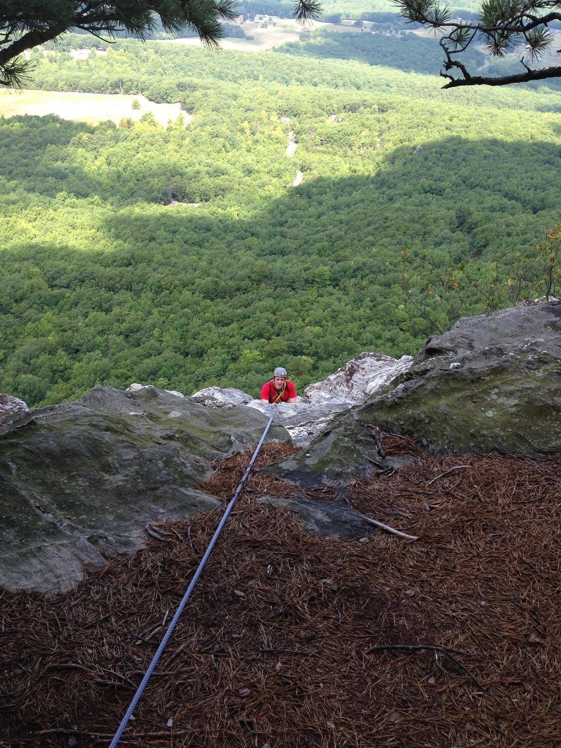 Belaying from the pine trees. Top of my third pitch.