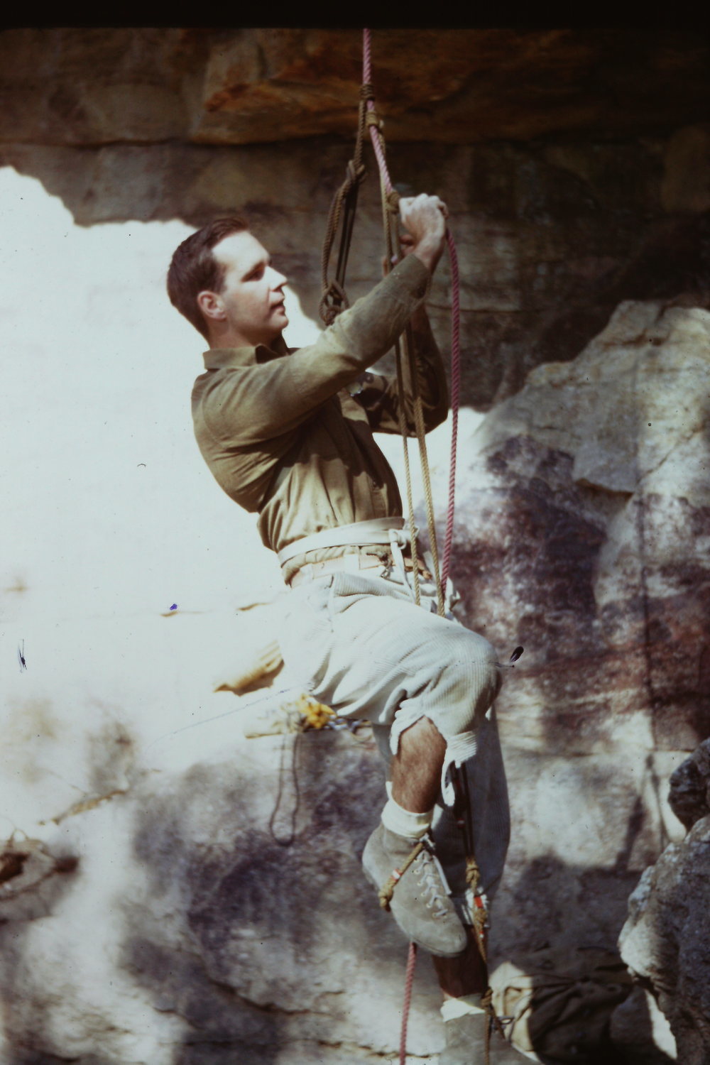 A young Ed Nester prussicking at the Uberfall at the "Gunks". Note ...