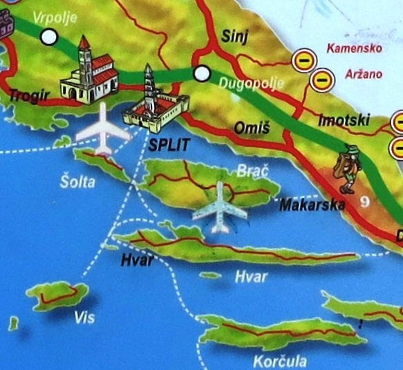 Split beach map showing Omiš and Hvar