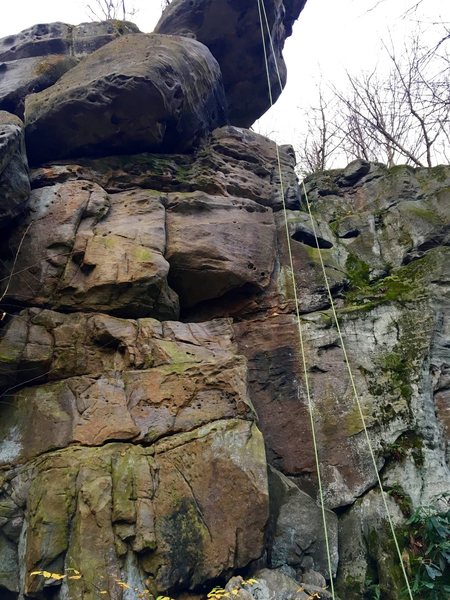 Part of the main wall climbing area, the overhang routes go roughly up ...