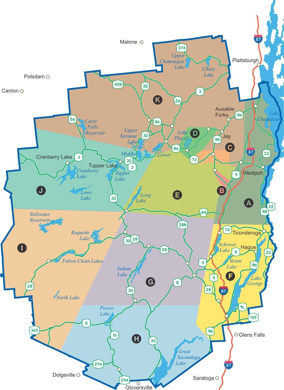 Adirondack Park Regions: A: Lake Champlain Region B: Chapel Pond Pass C ...