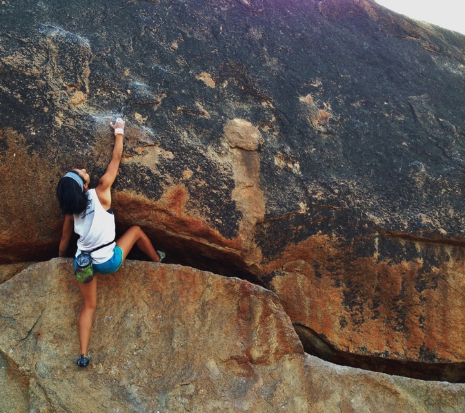 Long traverse followed by a highball boulder problem.