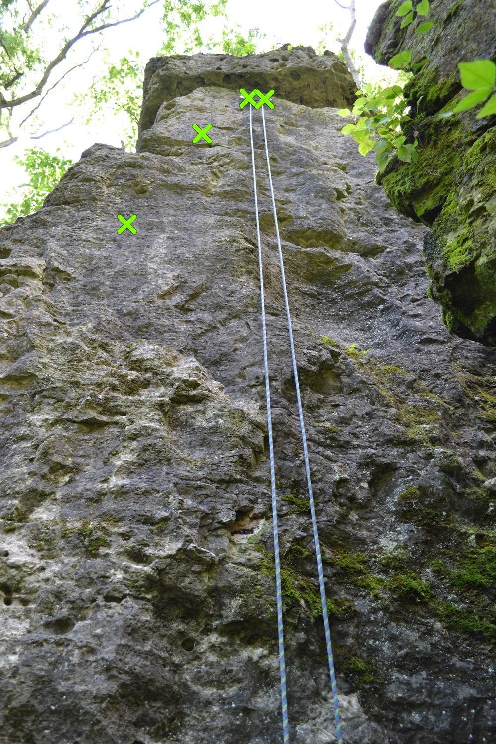 Photo showing the main face of the right arete climb and its bolts/ anchors