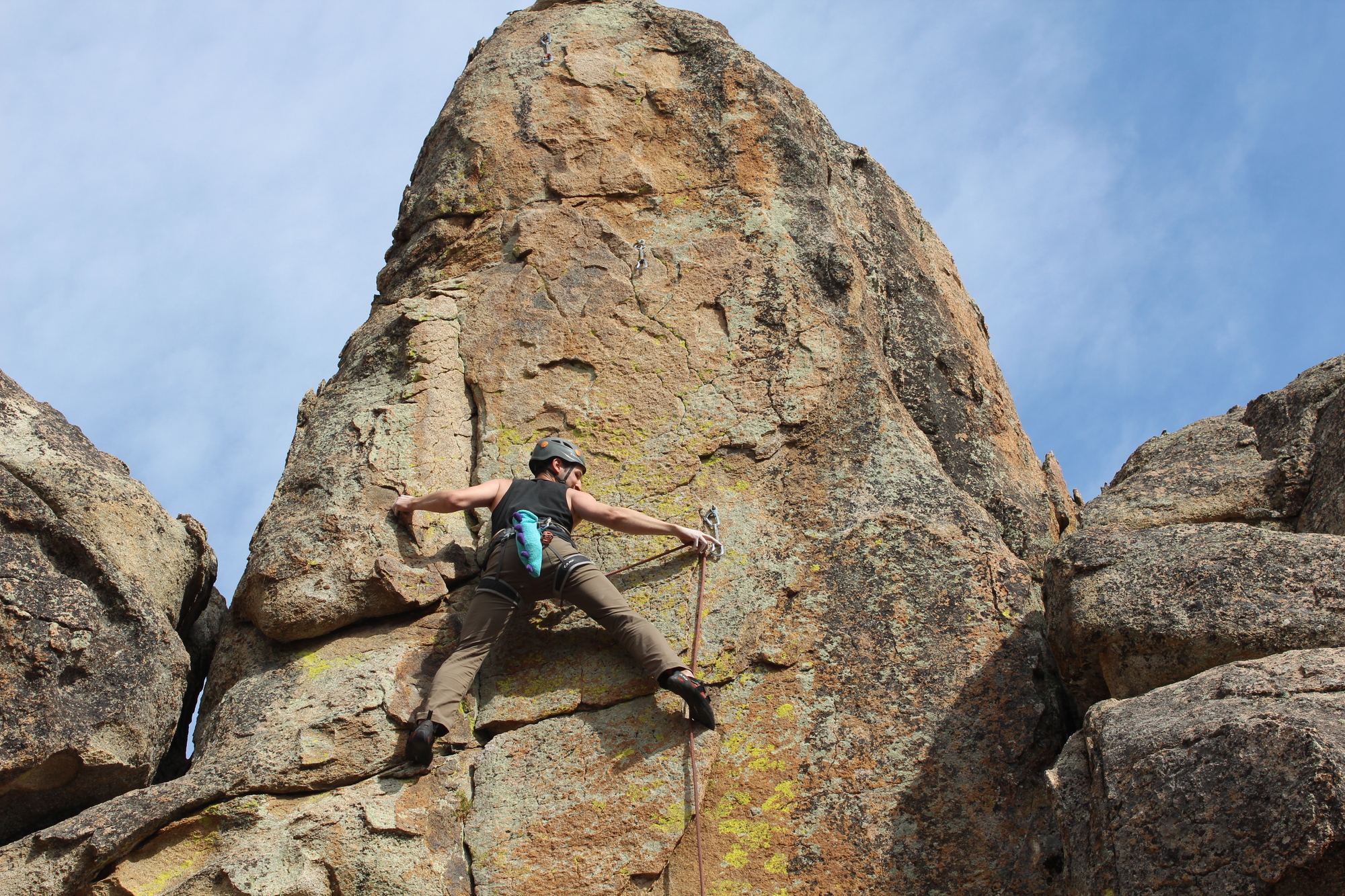 The wide right-clipping placement throughout this climb is awkward ...