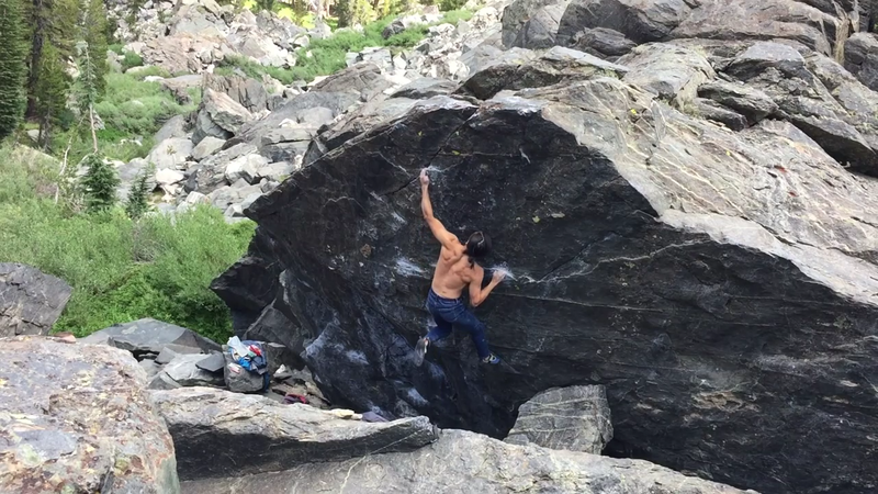 Climbing in Crimp Ladder Boulder, Sierra Eastside