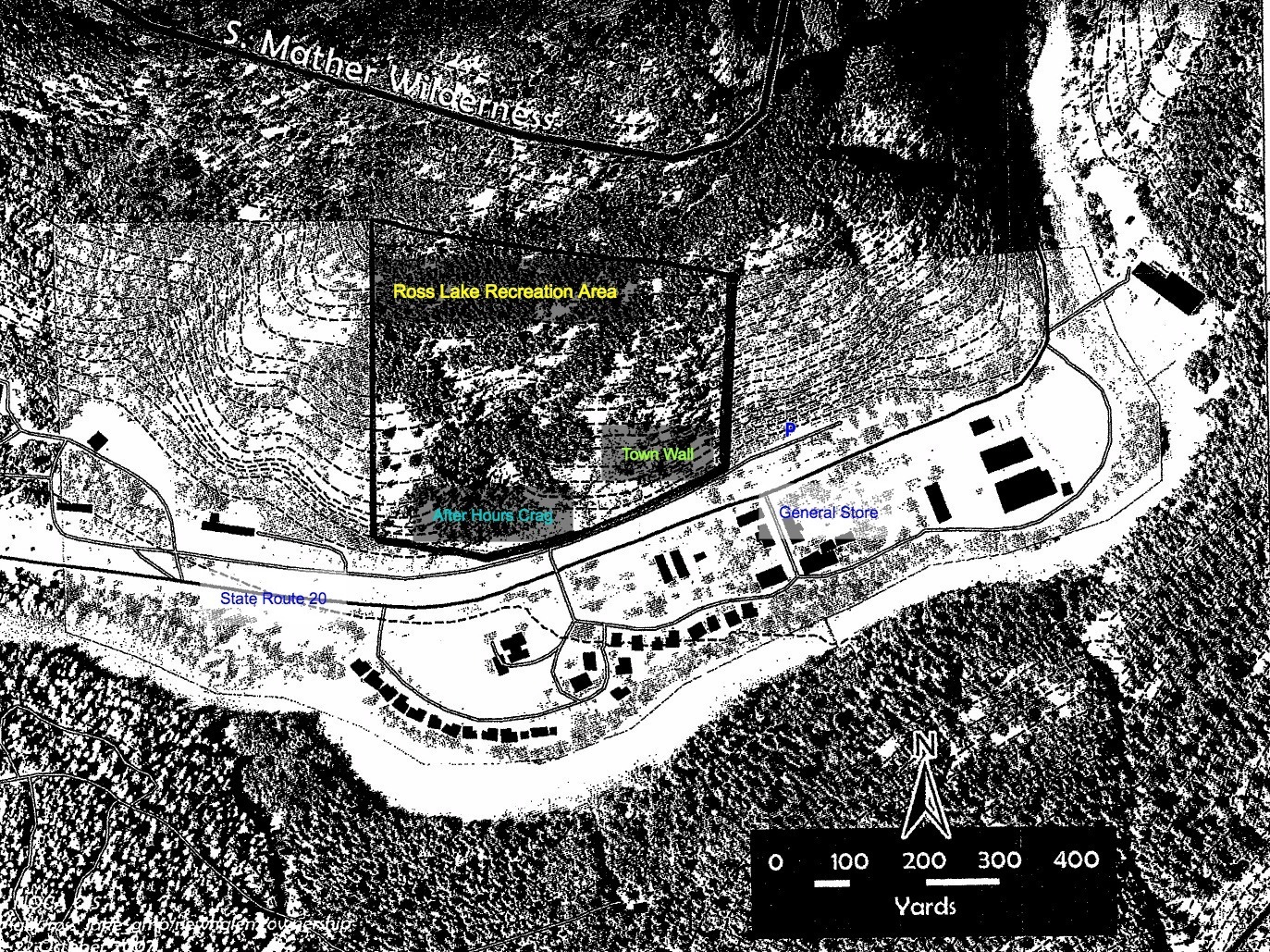 Map of 'downtown" Newhalem showing Ross Lake Recreation Area. Climbing ...