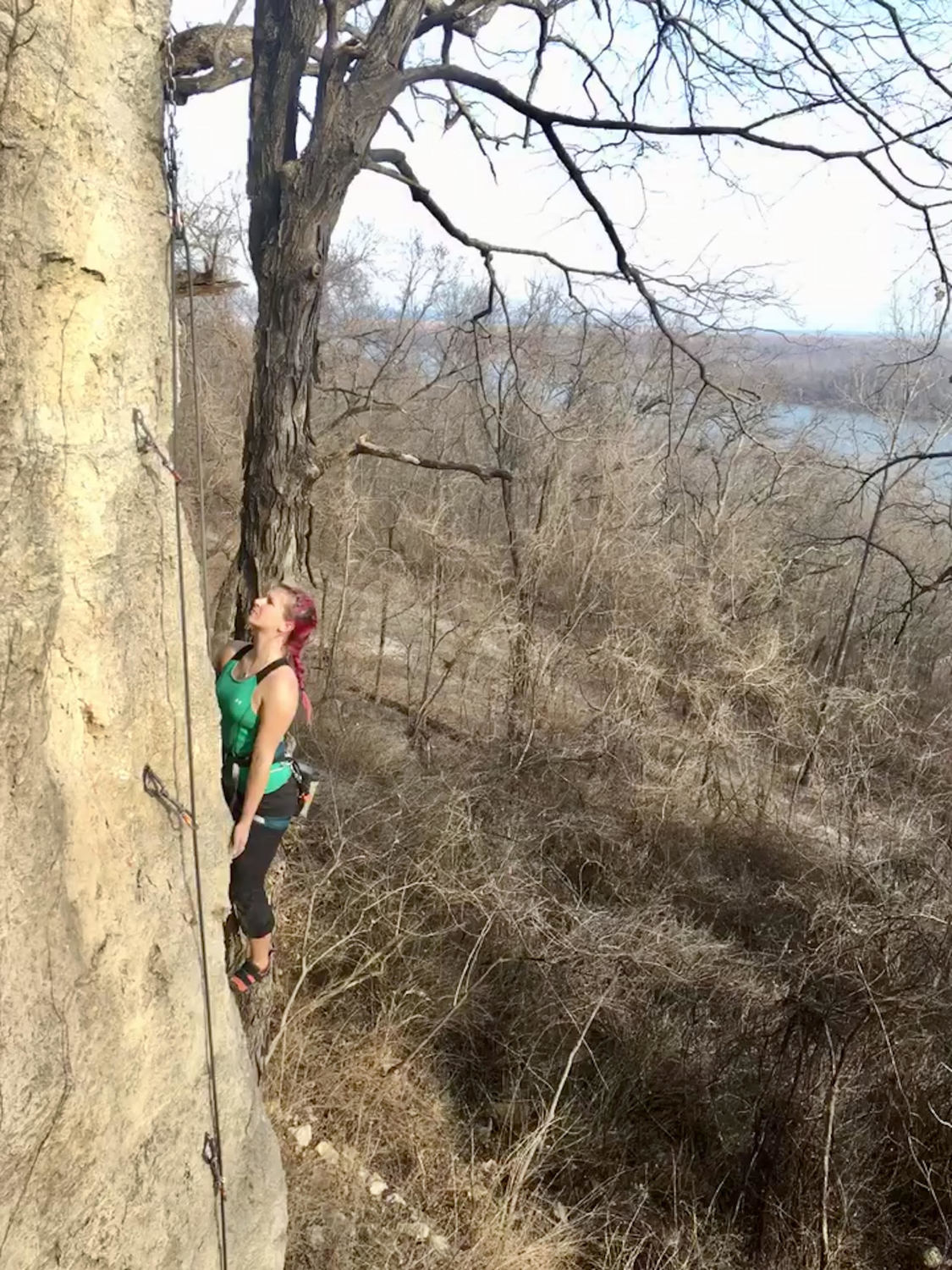 Molly Gabel deciphering the crux on the Hespen Arete