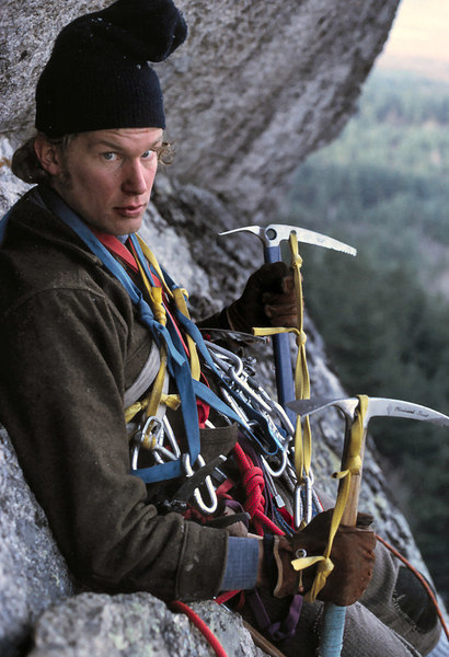 John Bragg on an attempt at a winter ascent of Remission in 1975.