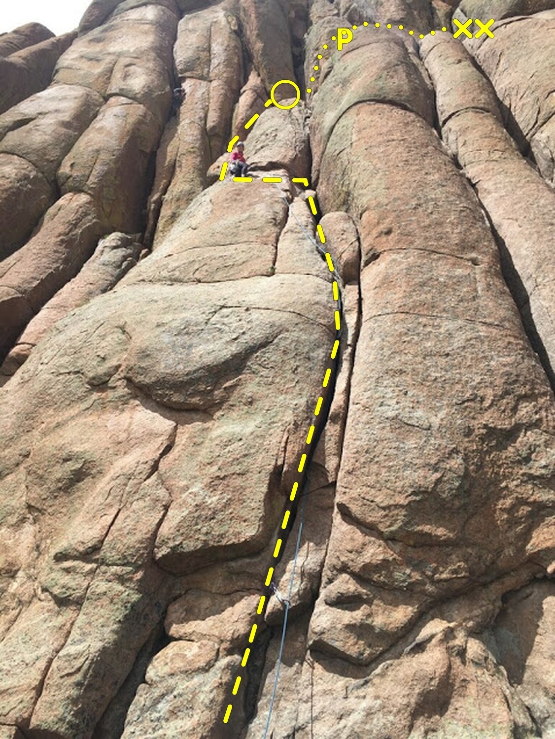 1st pitch, climb main crack, then cross the face (climber), 5.7 ...