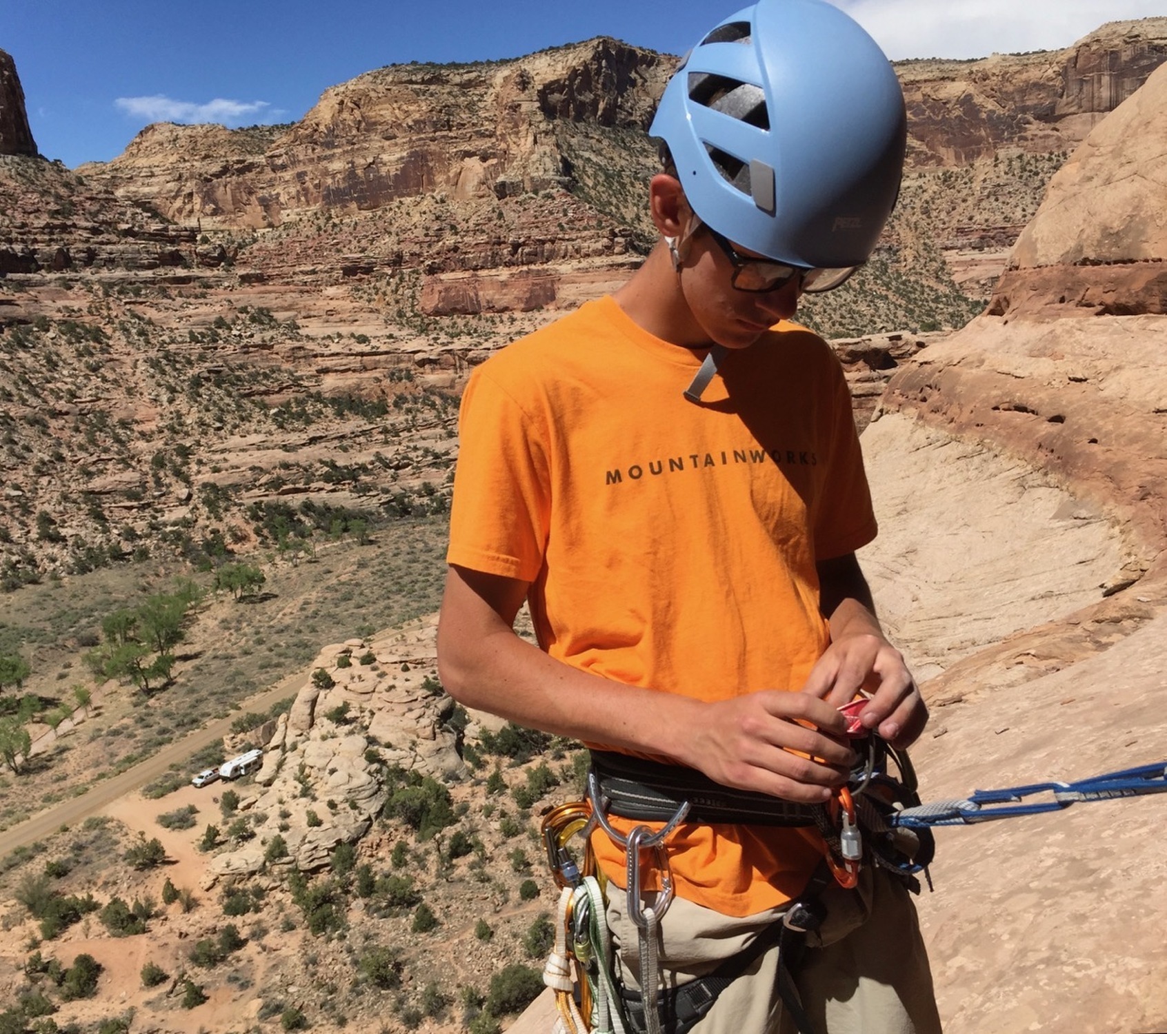 Noah Stevens at the rappel station. This rappel station is 70' right of ...