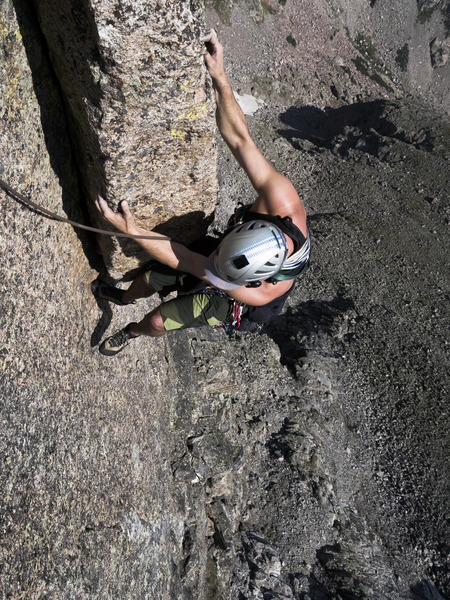 The crux layback on pitch 2. It's a bit flaring, but there's an easy ...