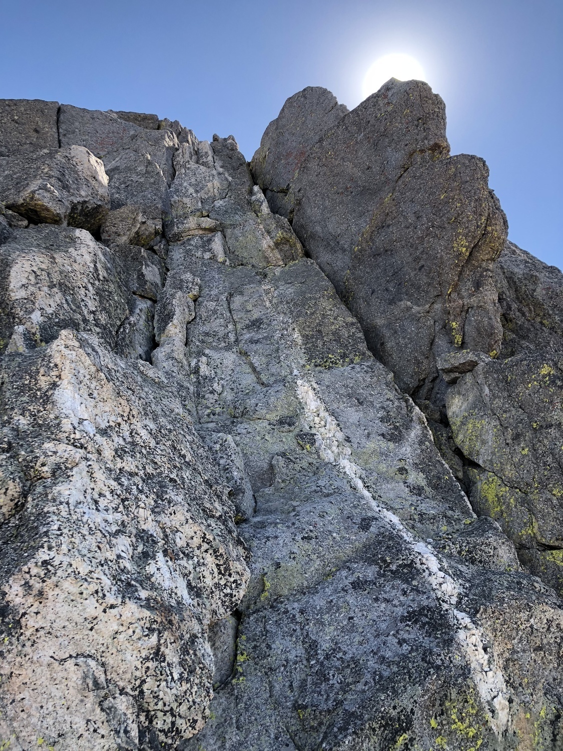 At the base of the last 80ft of climbing. The final 20ft of slab is at ...