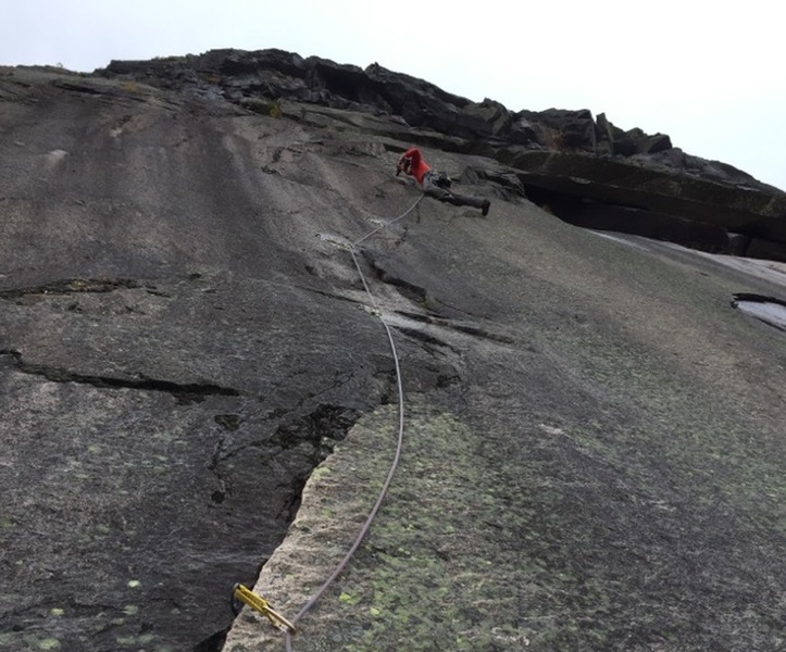 Upper half of the route. On the FA we stopped at this hanging belay to ...